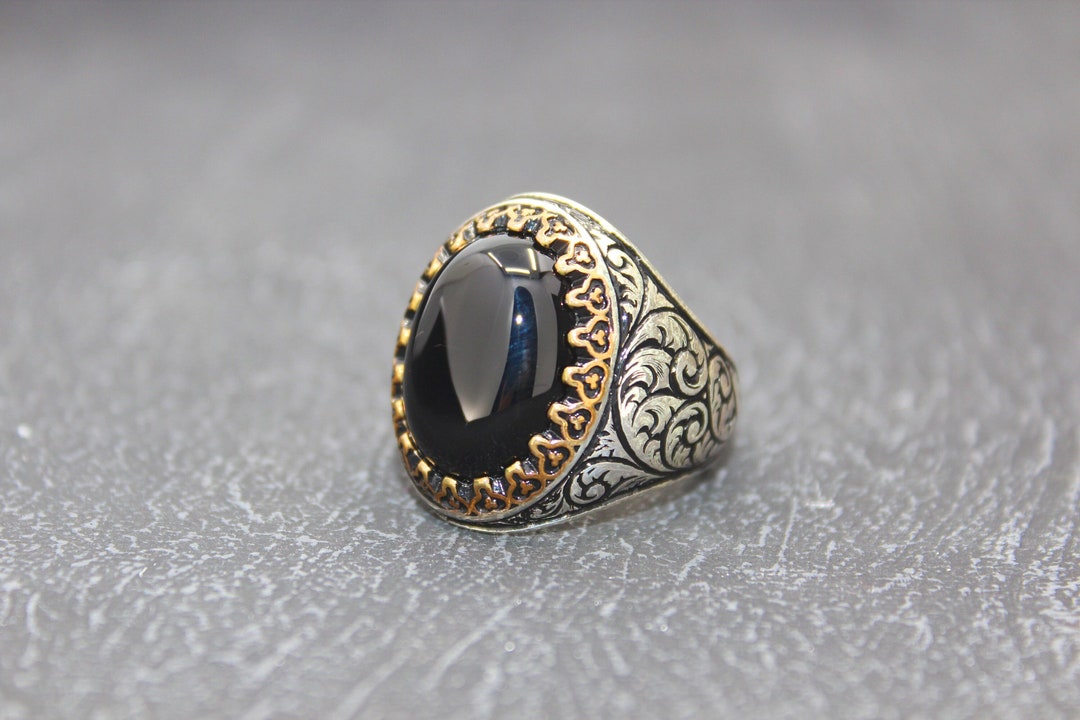 Engraving Turkish Onyx Stone Solid 925 Sterling Silver Men's Ring ...