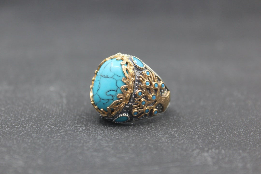 Turquoise Stone Ring, Tree of Life Ring, 925 Sterling Silver Men's Ring ...