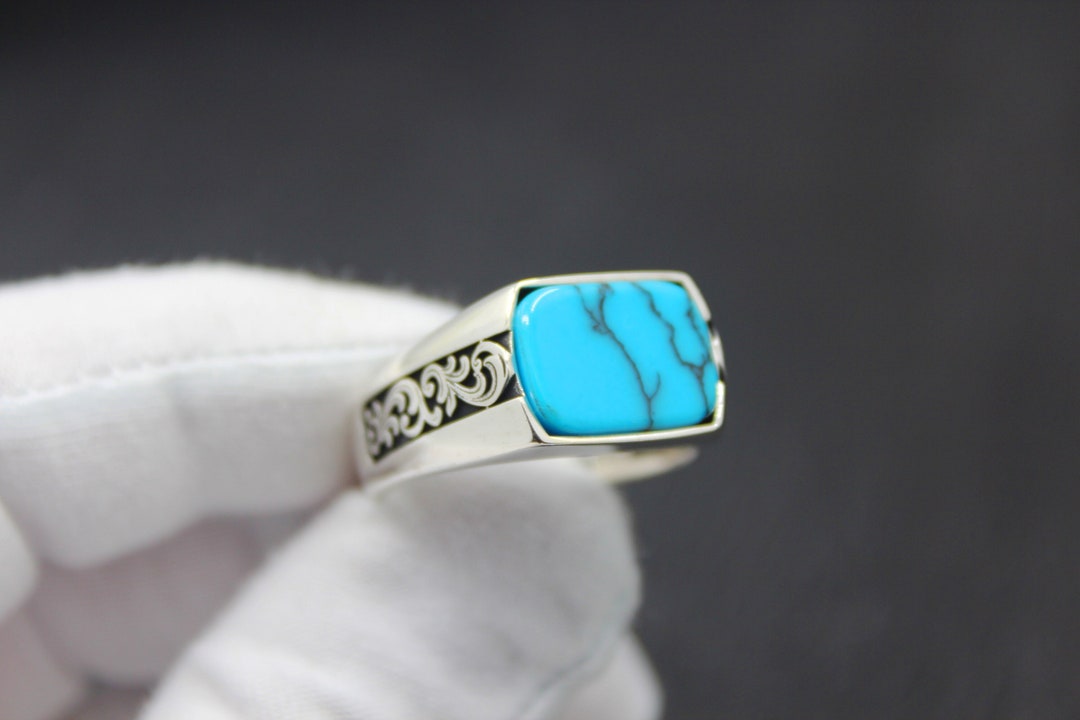 Turkish Turquoise Flat Stone Solid 925 Sterling Silver Men's Ring, Thin ...