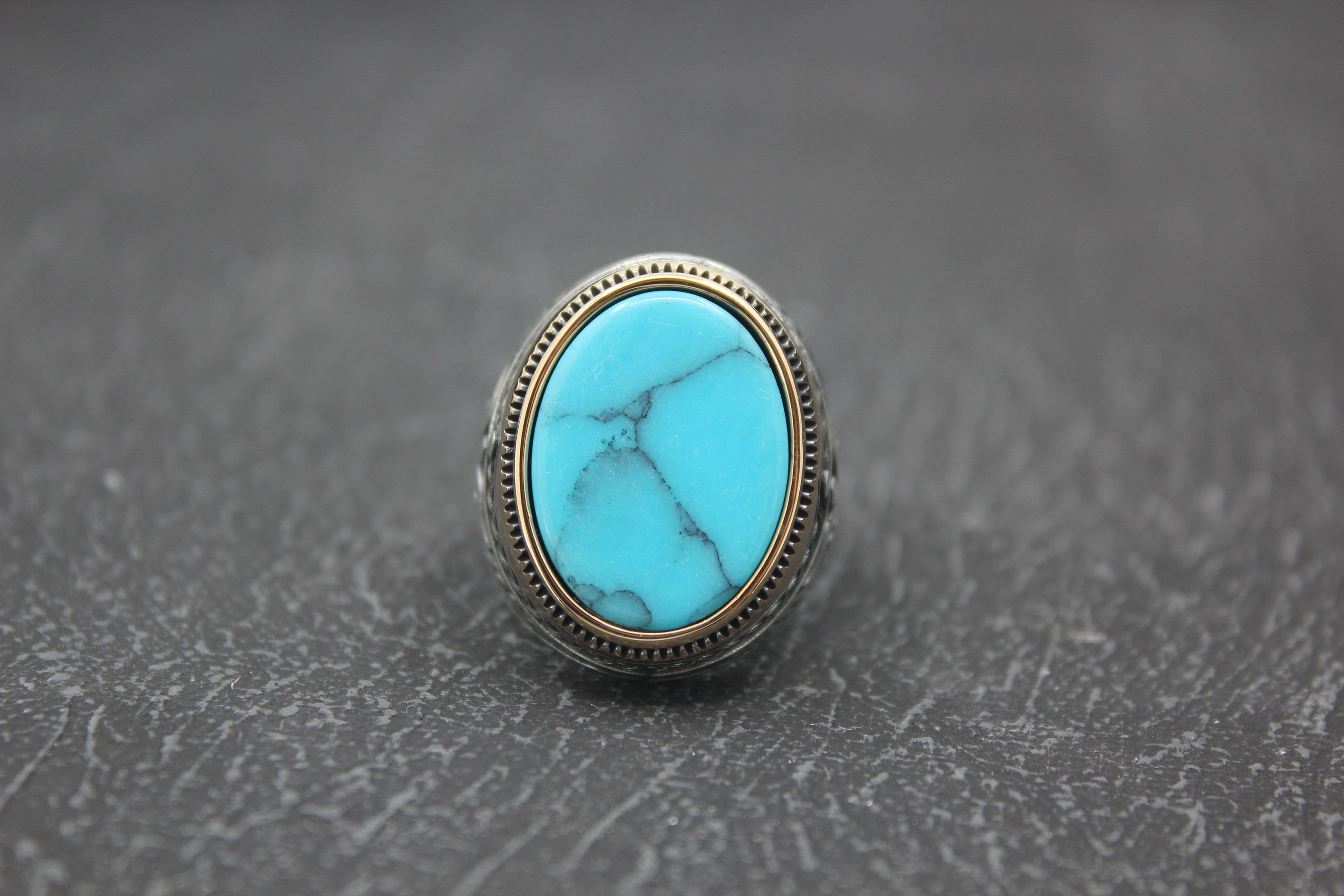 Turkish Turquoise Oval Flat Stone Solid 925 Sterling Silver Men's Ring ...