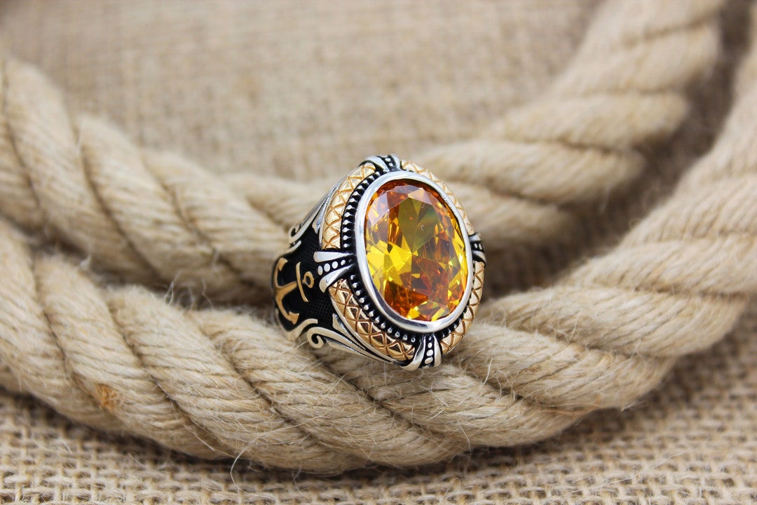 Sailor's Anchor Design Citrine Solid 925 Sterling Silver Men's Ring ...