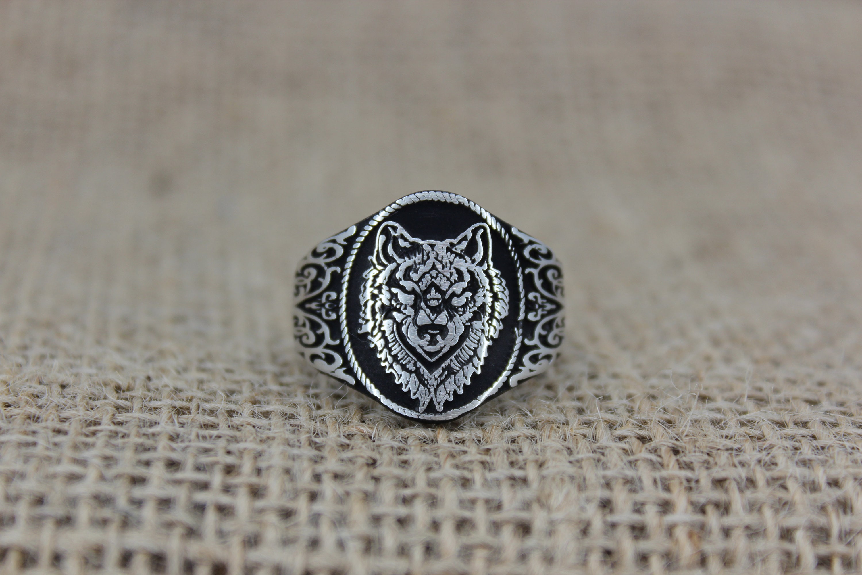Grey Wolf Face Solid 925 Sterling Silver Men's Ring, Turkish Wolf Ring ...