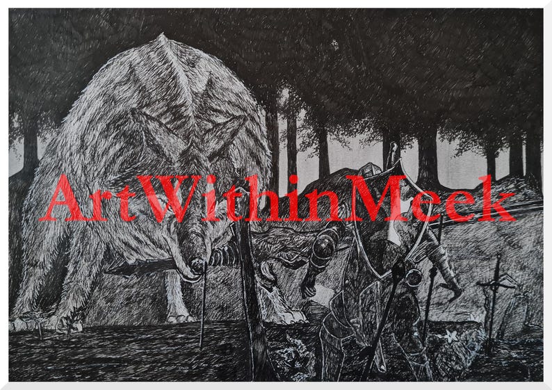 Dark Souls: Grey Wolf Sif - A3 Original Framed Ink and Pencil Drawing ...