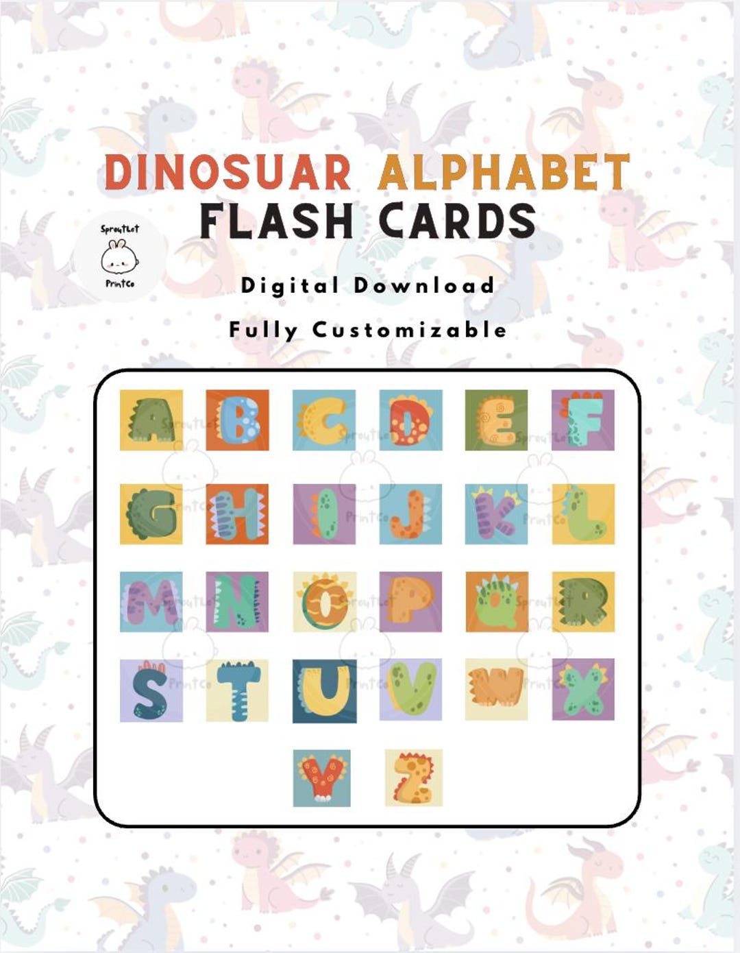 Dinosaur Alphabet Flashcards | Toddler ABC Learning Printables (digital ...
