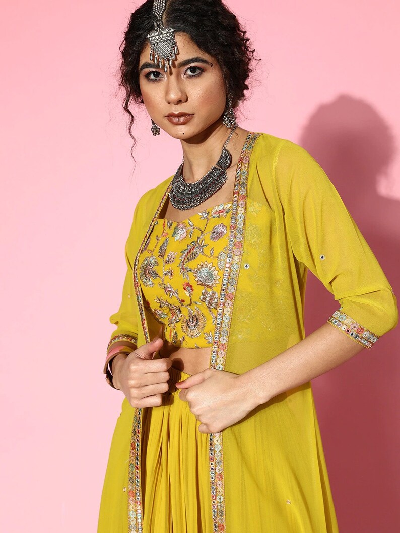 Women Elegant Mustard Self-design Top With Solid Palazzos - Etsy