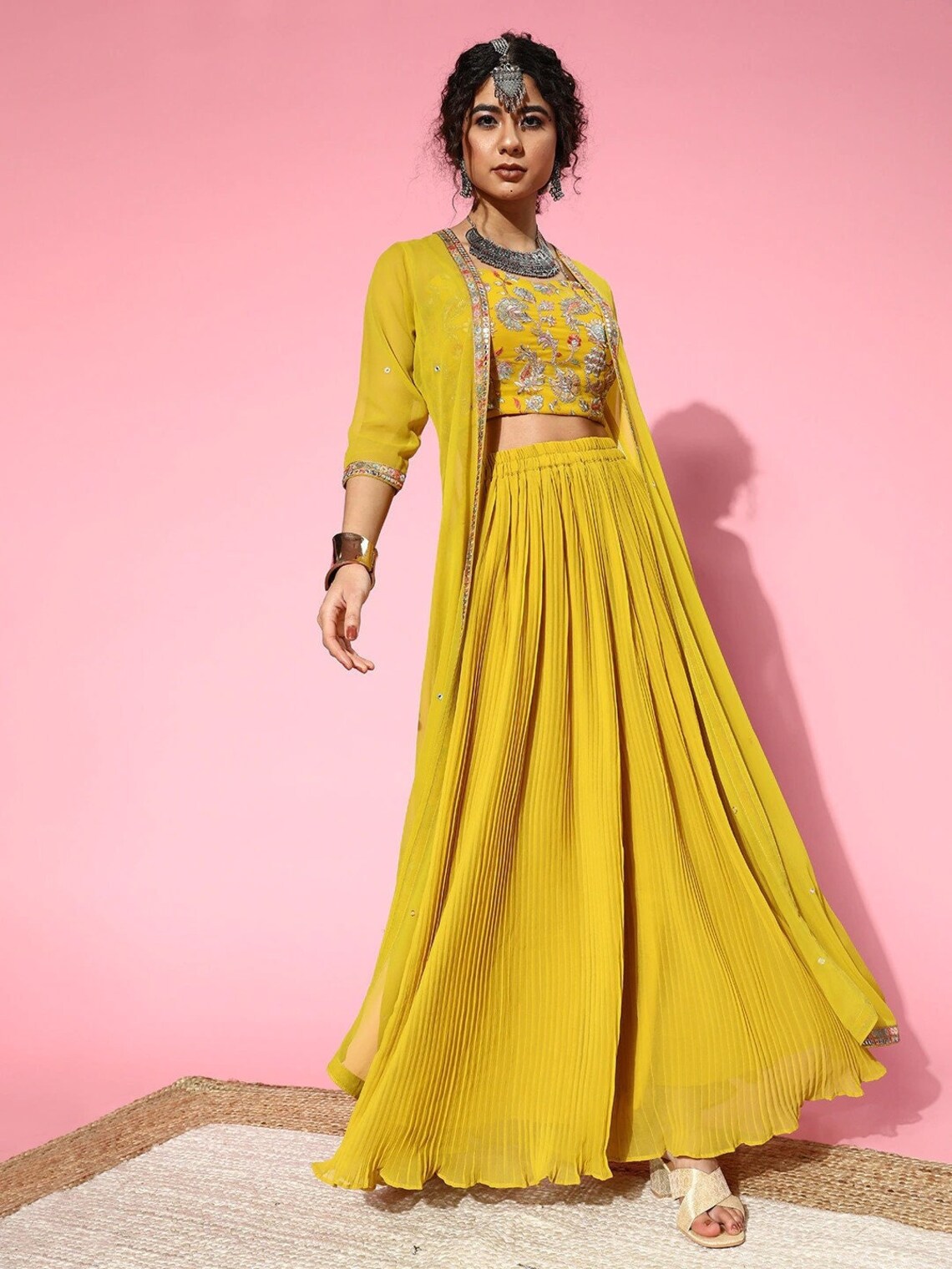 Women Elegant Mustard Self-design Top With Solid Palazzos - Etsy