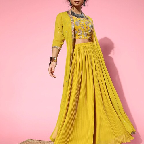 Women Elegant Mustard Self-design Top With Solid Palazzos - Etsy