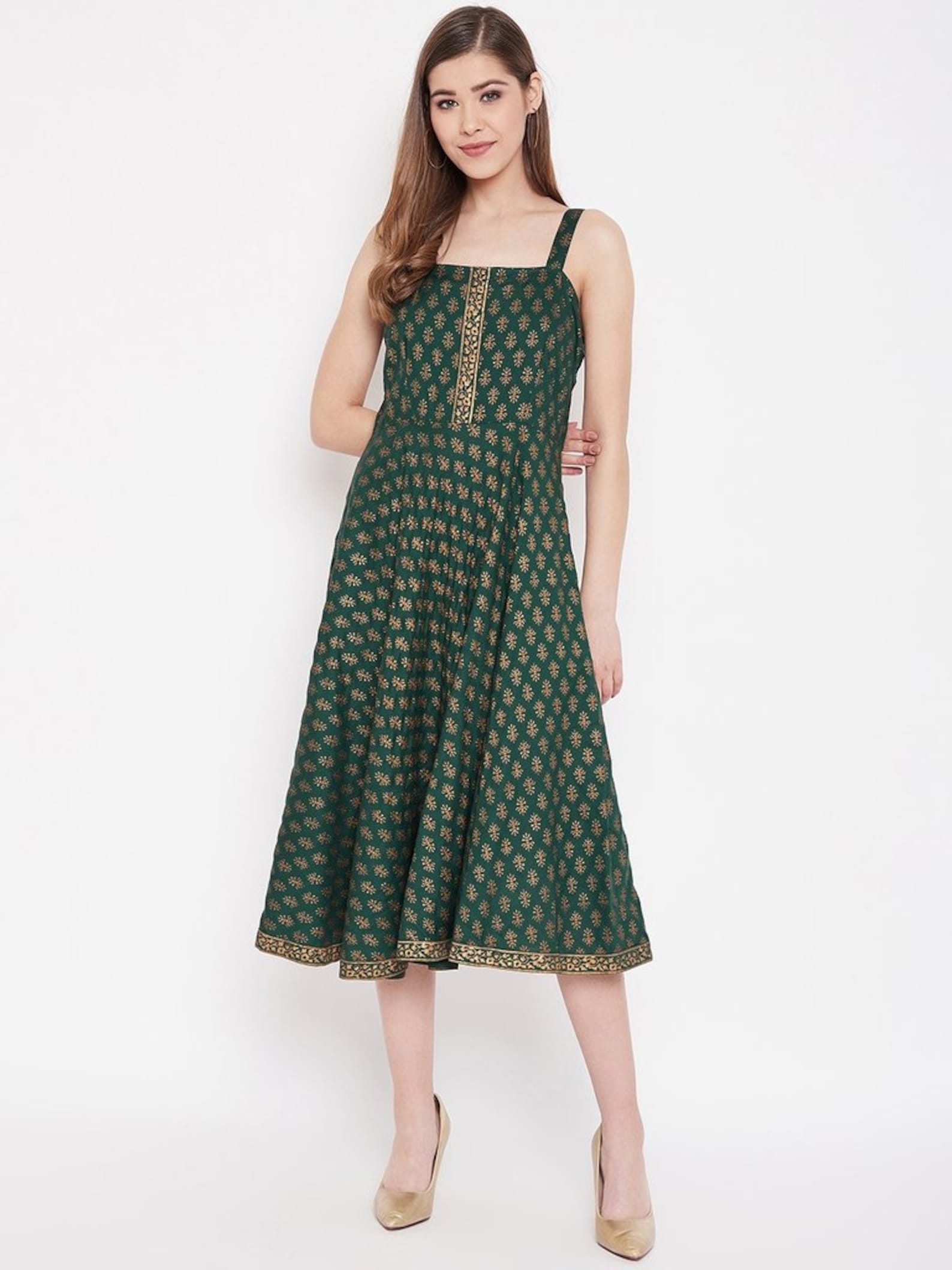 Designer Indian Shoulder strap flared midi dress Foil Print | Etsy