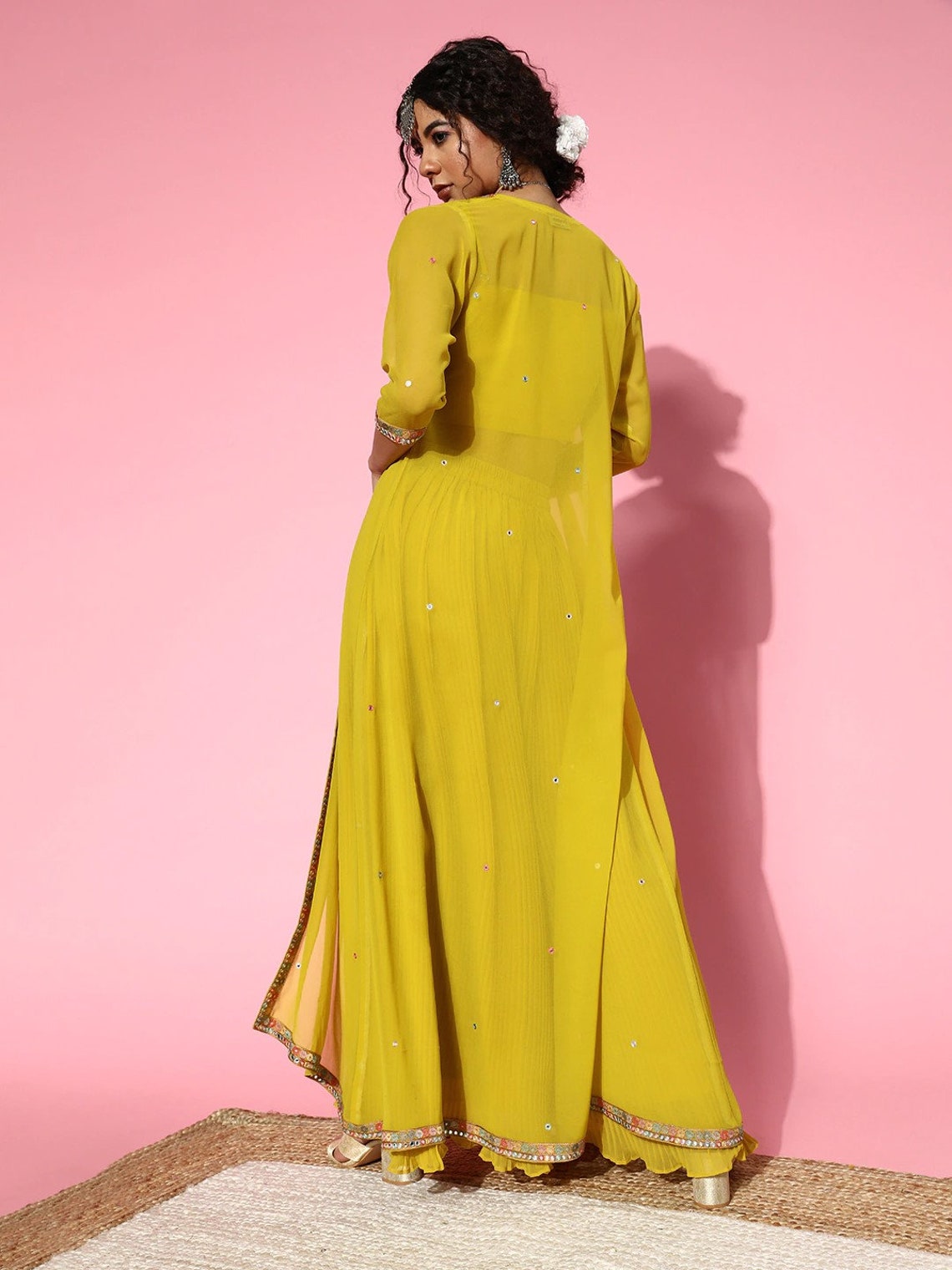Women Elegant Mustard Self-design Top With Solid Palazzos - Etsy