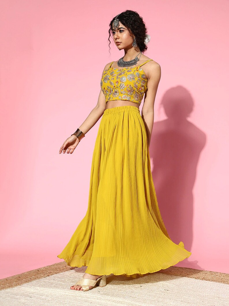 Women Elegant Mustard Self-design Top With Solid Palazzos - Etsy