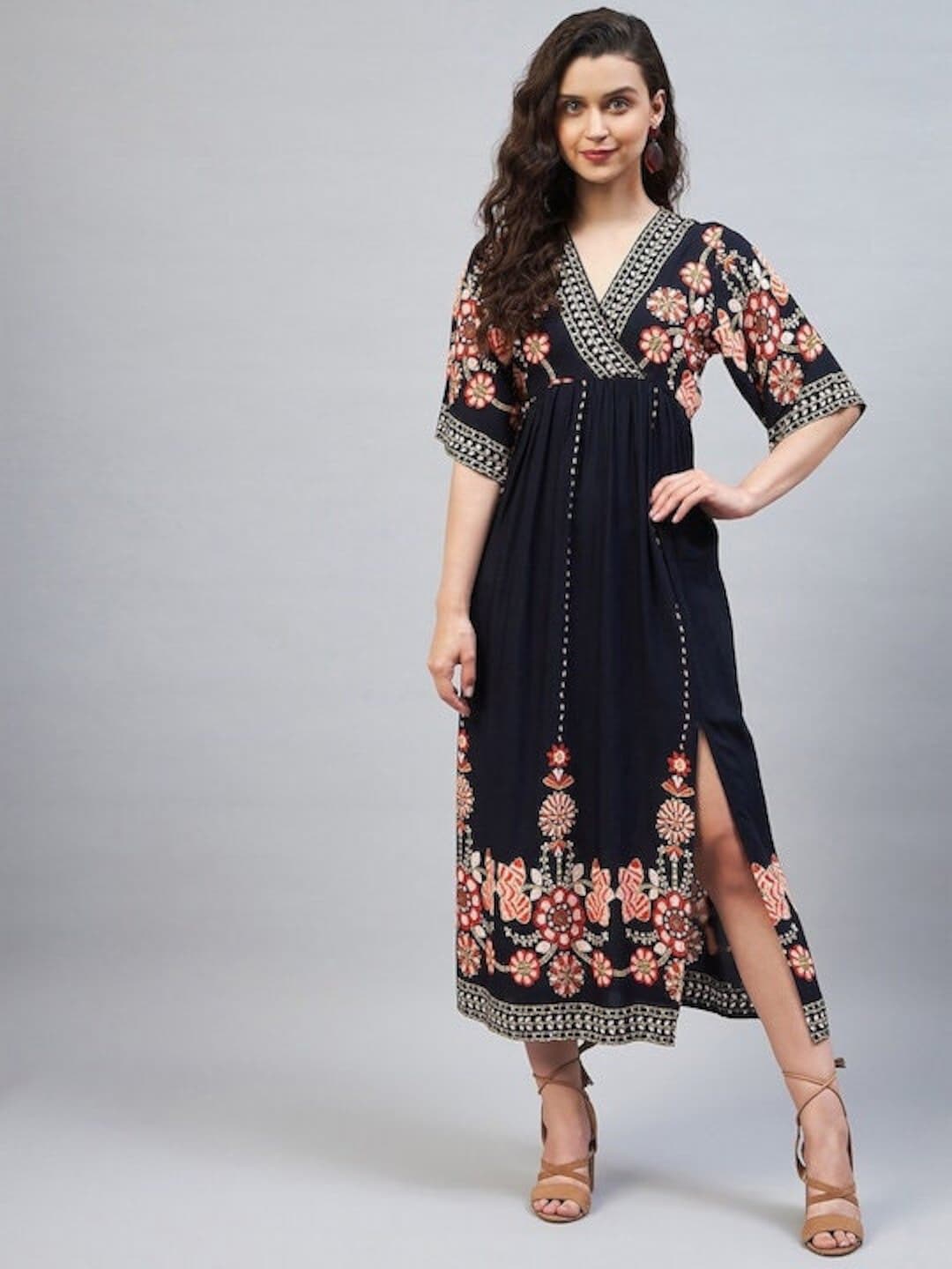 Designer Indian Navy Blue Ethnic Motifs A-line Midi Dress,indian Dress ...