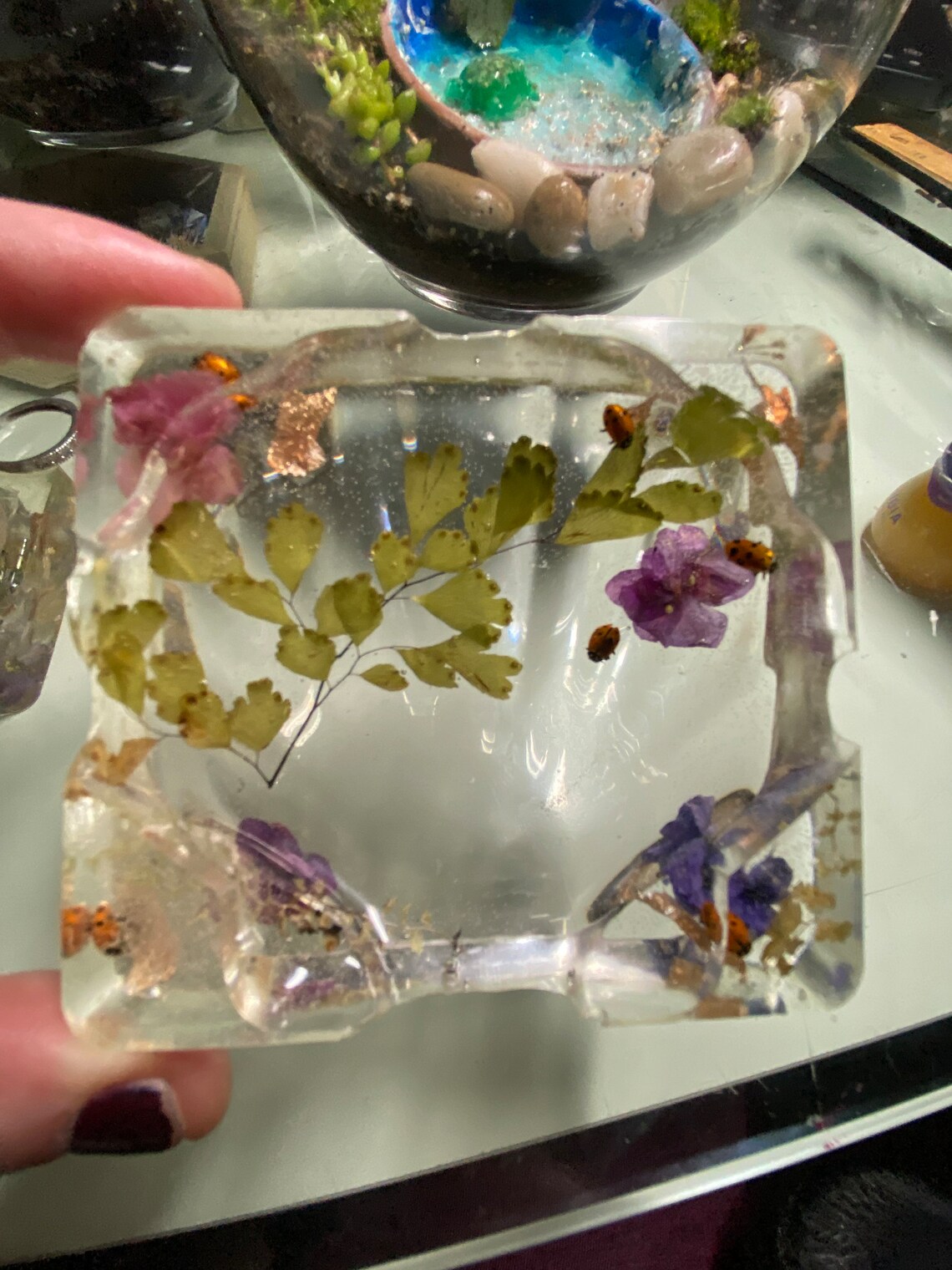 Diamond Ring Holder Resin Art With Ladybugs and Violets Real Flowers ...