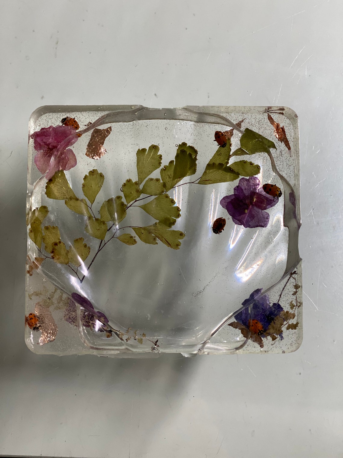 Diamond Ring Holder Resin Art With Ladybugs and Violets Real Flowers ...