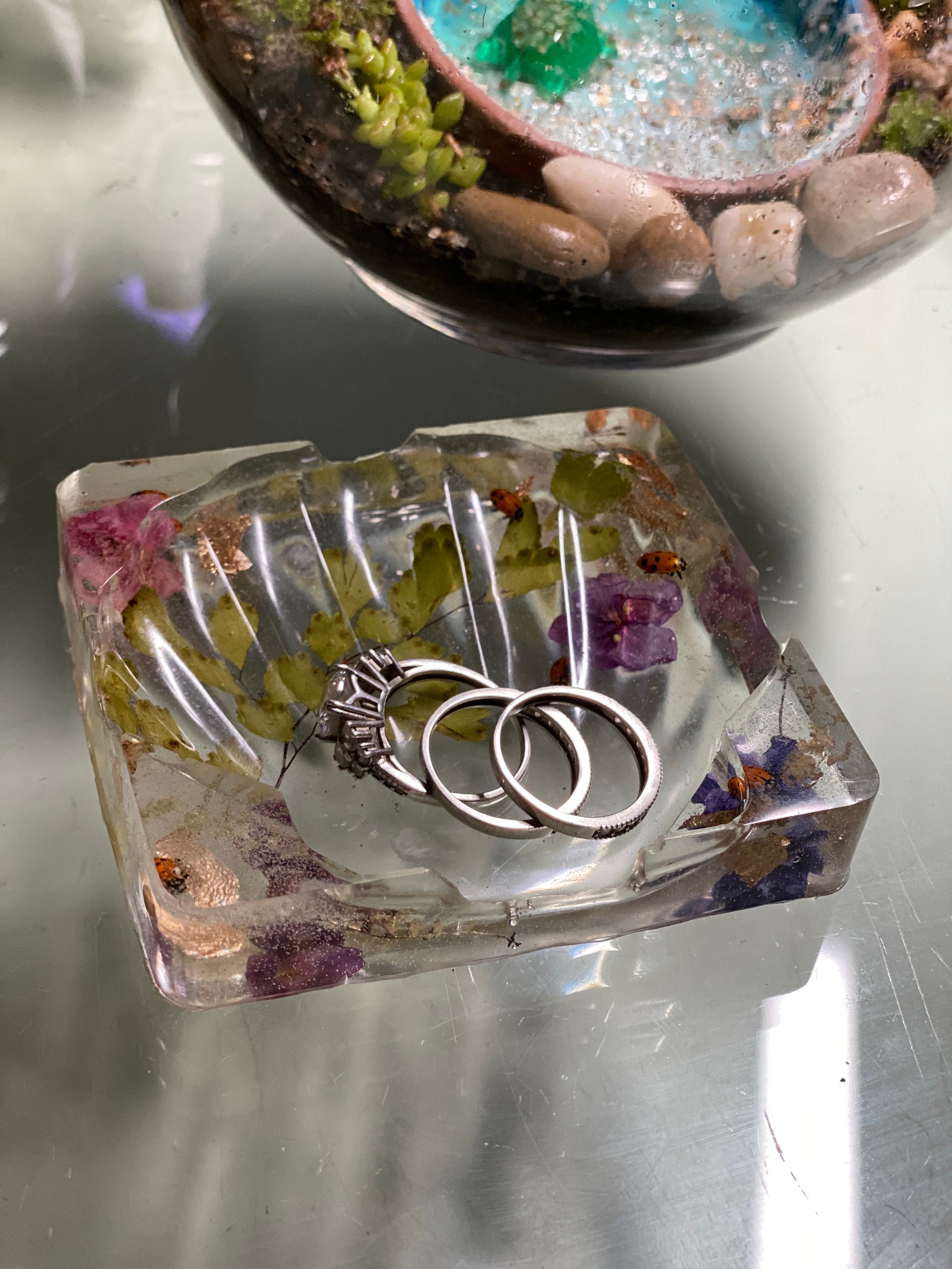 Diamond Ring Holder Resin Art With Ladybugs and Violets Real Flowers ...