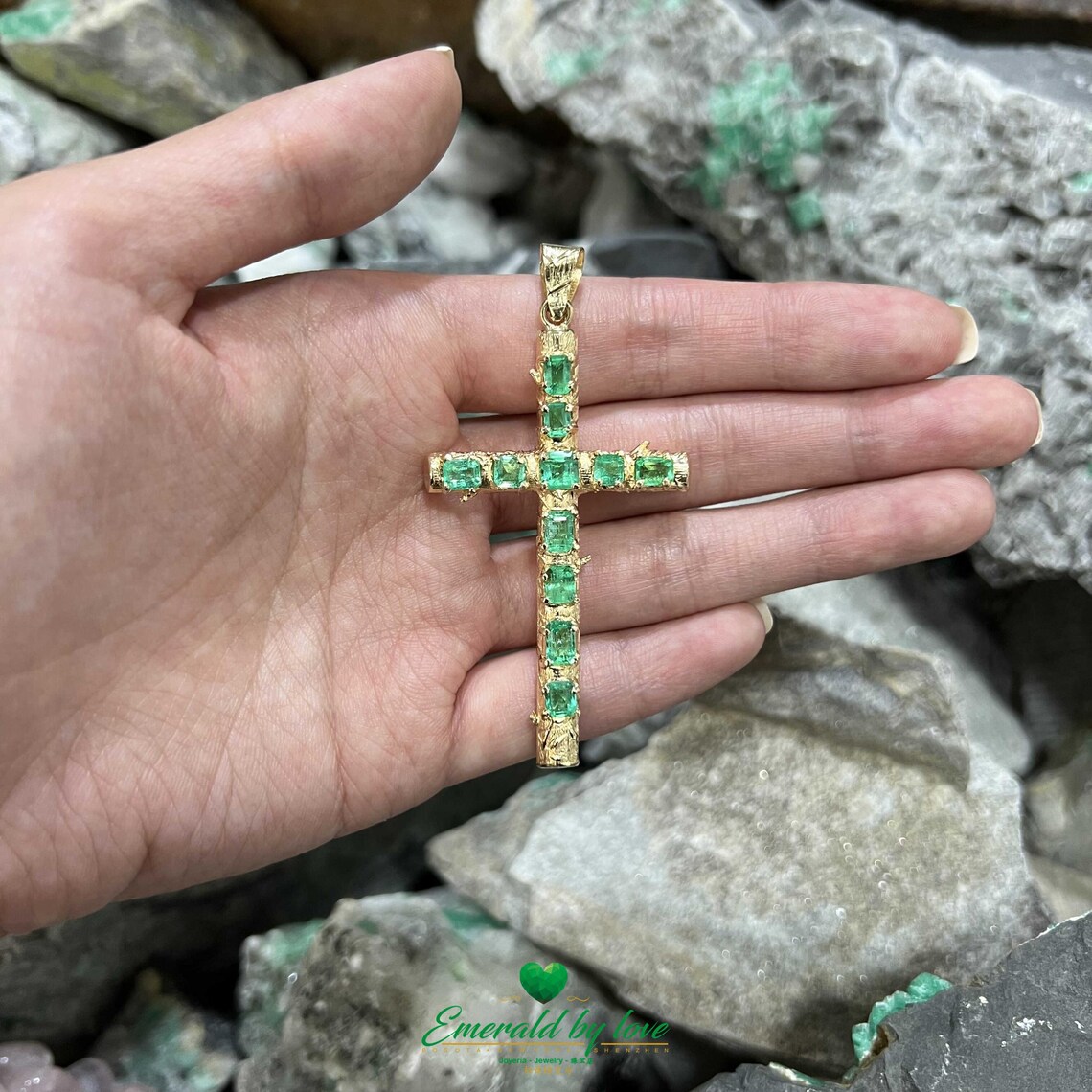 Opulent 18k Yellow Gold Cross Pendant With Genuine Colombian Square ...