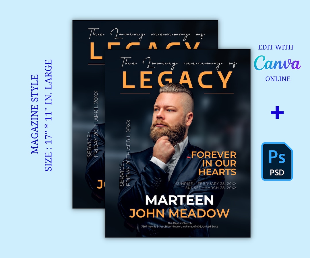 8 Page Legend Magazine Style Funeral. Memorial Program. Canva Template ...
