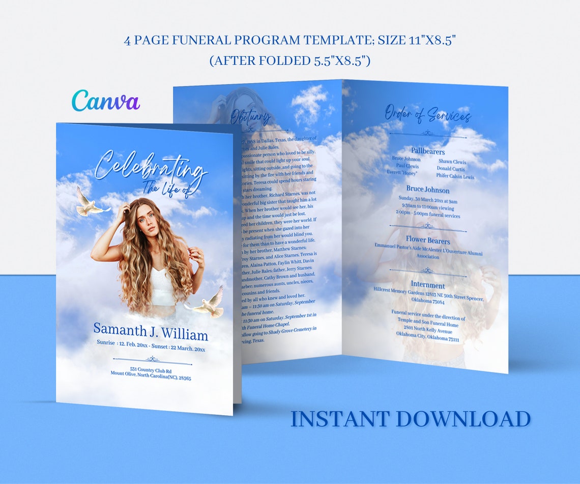 4 Page Funeral Program Template Canva Funeral Template - Etsy