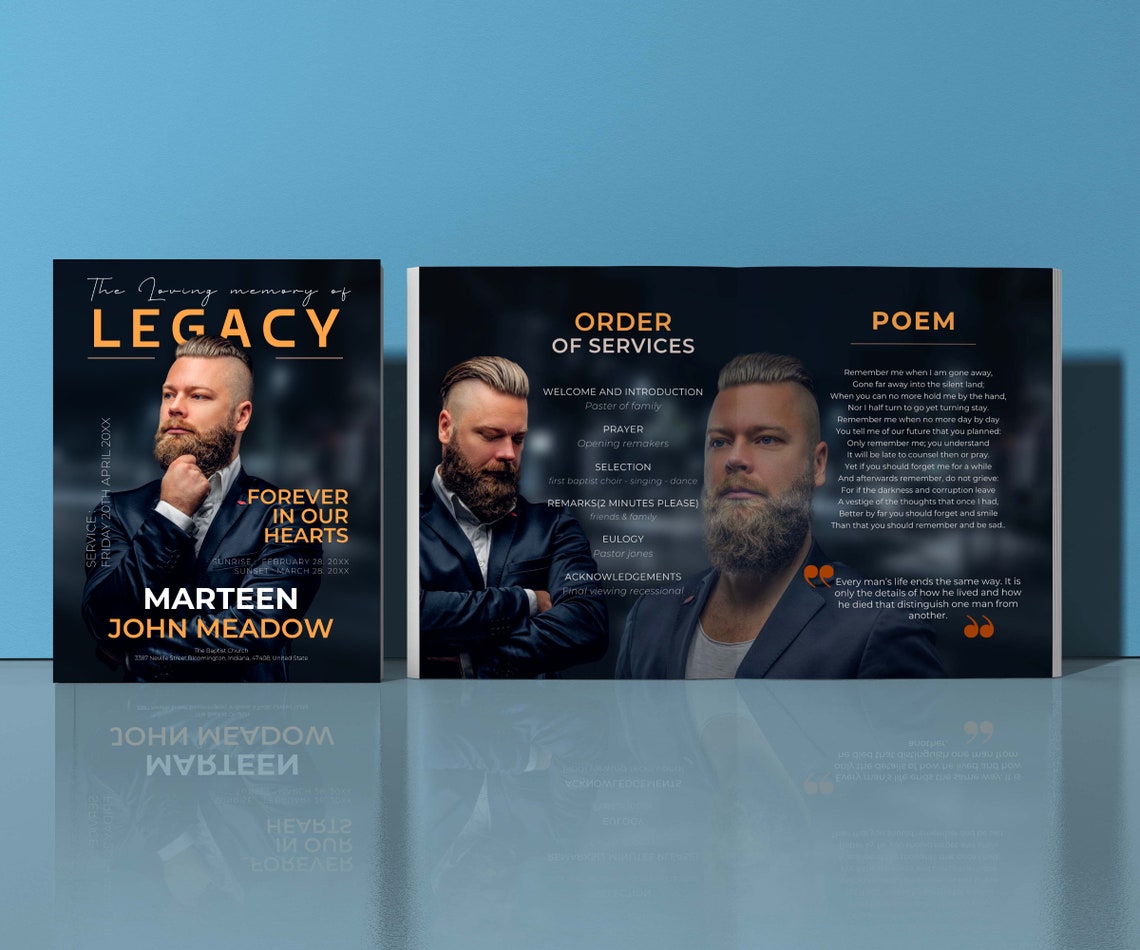 8 Page Legend Magazine Style Funeral. Memorial Program. Canva Template ...