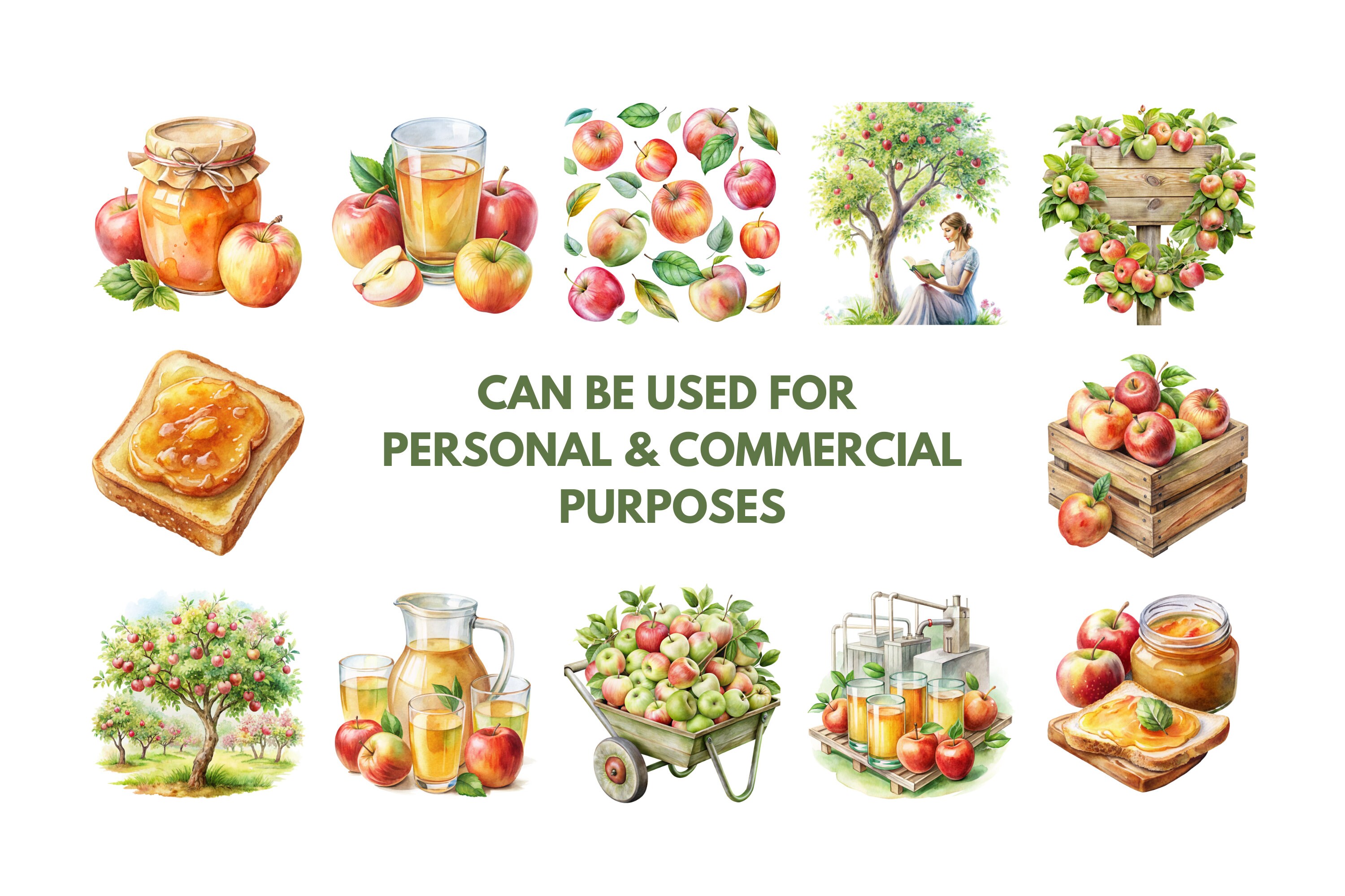 Watercolor Apple Orchard Clipart 110 PNG Files 4000px 300 DPI ...