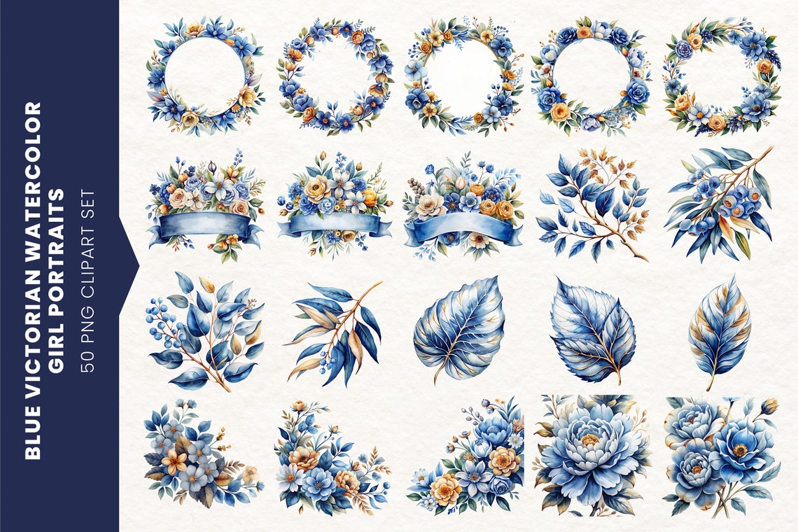 Floral Clipart Blue Watercolor Botanical Floral Wreath Wedding Greenery ...