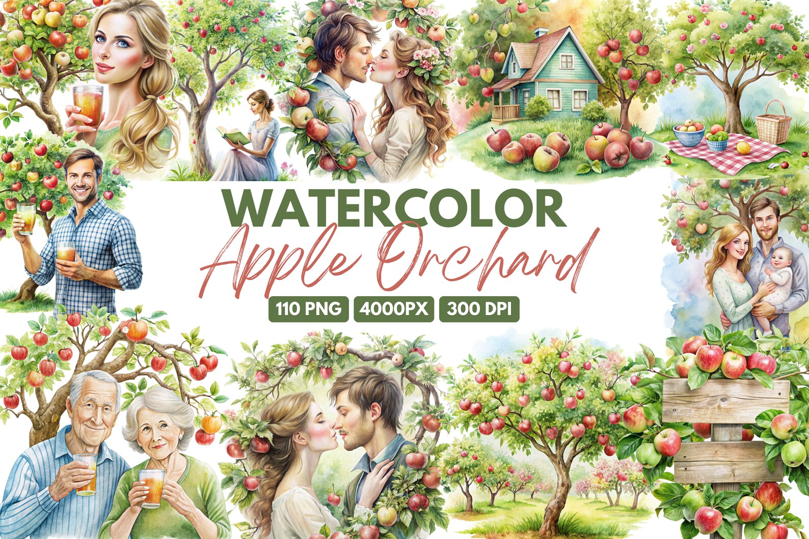 Watercolor Apple Orchard Clipart 110 PNG Files 4000px 300 DPI ...