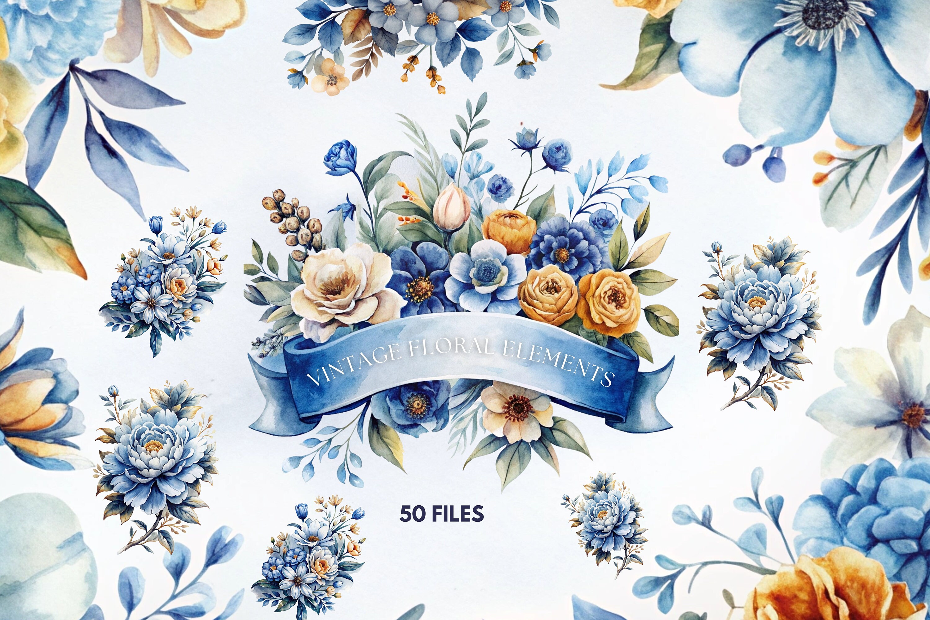 Floral Clipart Blue Watercolor Botanical Floral Wreath Wedding Greenery ...