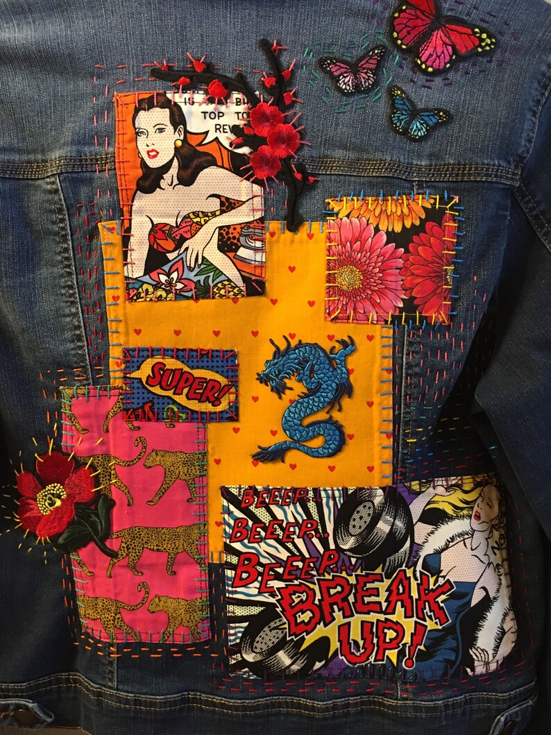 Womens Jacket, Denim Jacket, Pop Art Upcycled and Embellished - Etsy