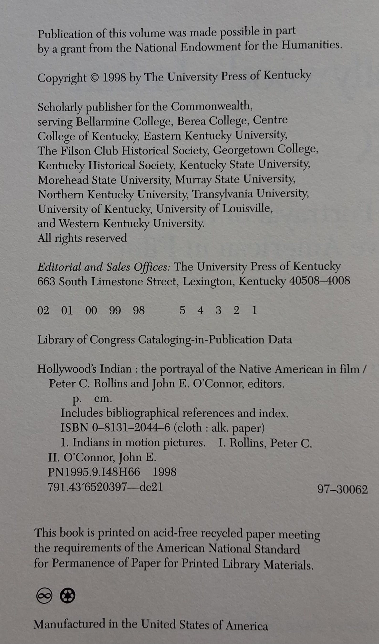 Hollywood's Indian the Portrayal of the Native American in Film/rollins ...