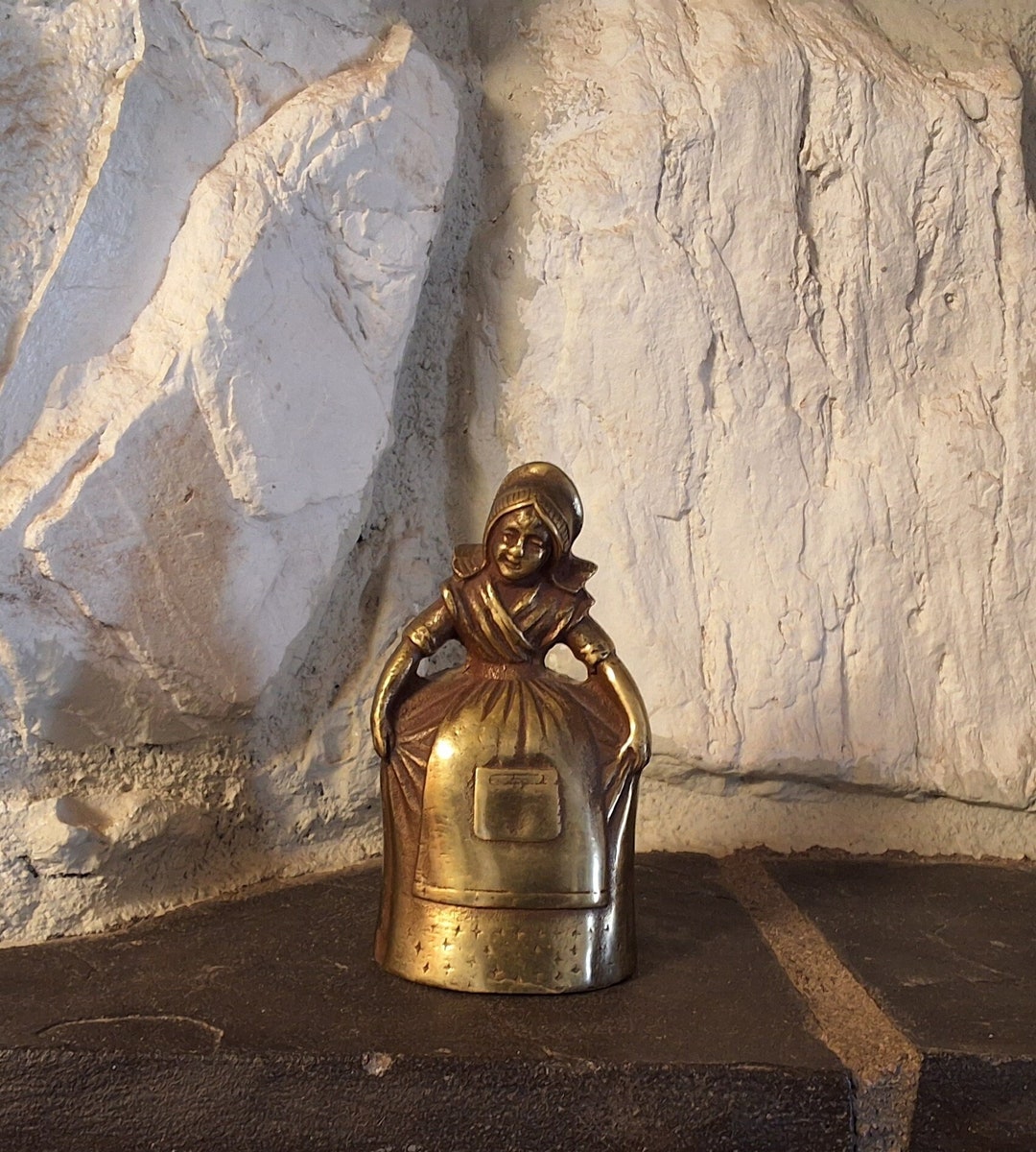 Vintage Brass Lady Bell-curtseying Girl With Bonnet, Apron and Feet ...