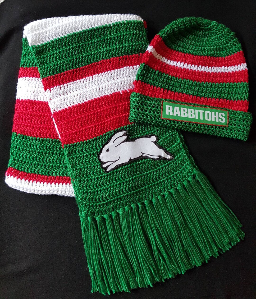 Rabbitohs Inspired Scarf and Beanie Adults Set 150cm Long, Soft Acrylic ...
