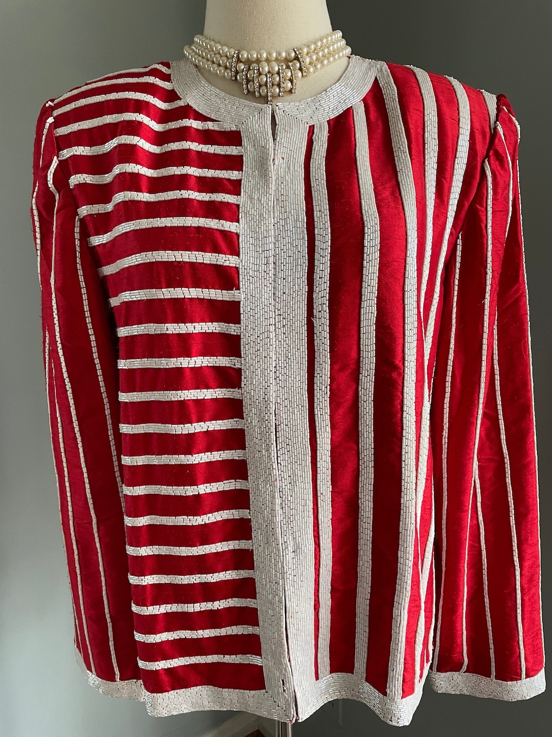 Red Evening Jacket With White Beading | Vintage Red Silk Beaded Jacket ...