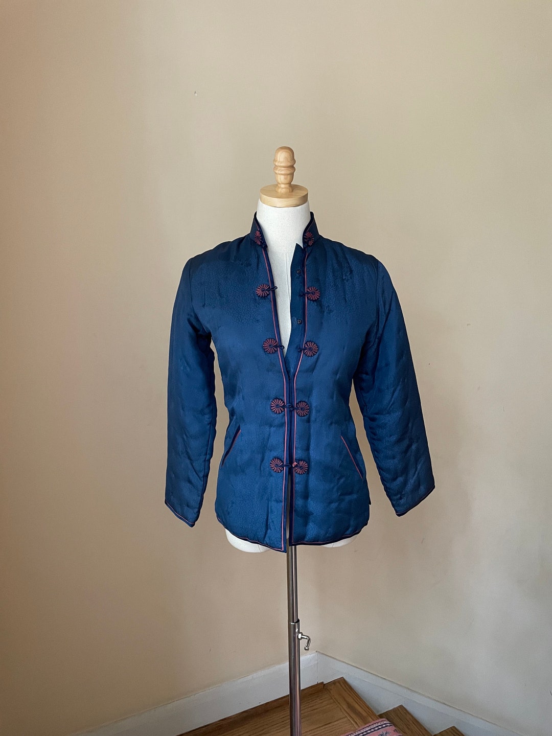 Vintage Kim's Blue Silk Asian Chinese Quilted Jacket Size Extra-small ...