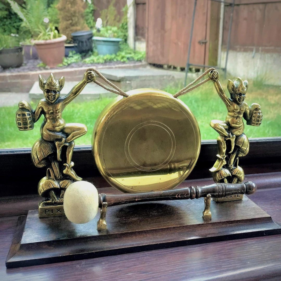 Pixie Dinner Chime, Brass Imps on Toadstool Holding a Gong, Wood Base ...