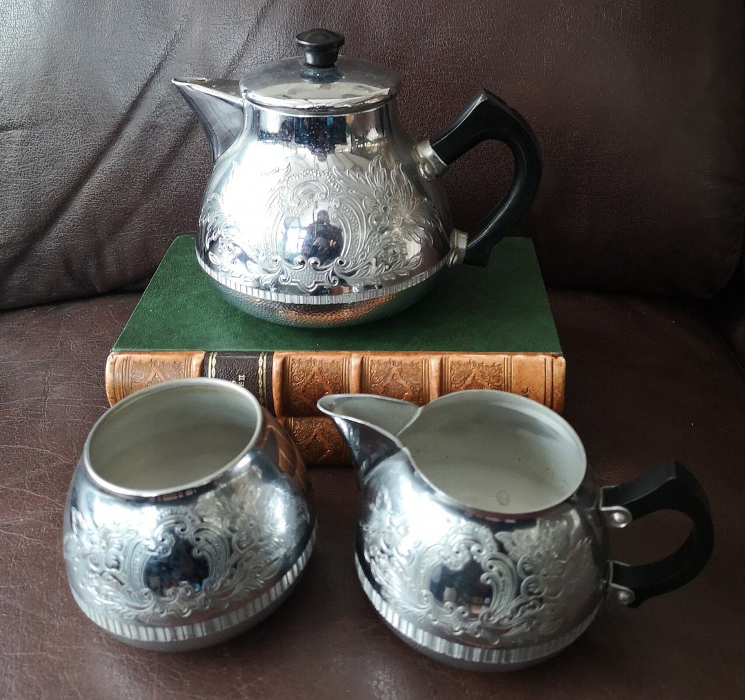 Swan Brand Tea Set Chrome Teapot With Matching Sugar Bowl & - Etsy