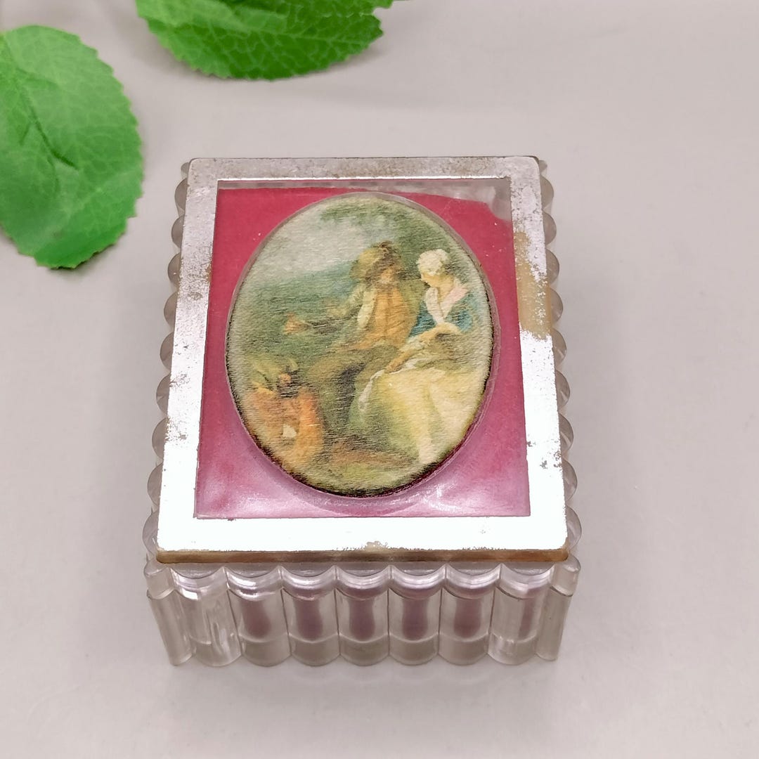 Acrylic Ring Box With Silk Portrait of Courting Couple on Lid, Made in ...