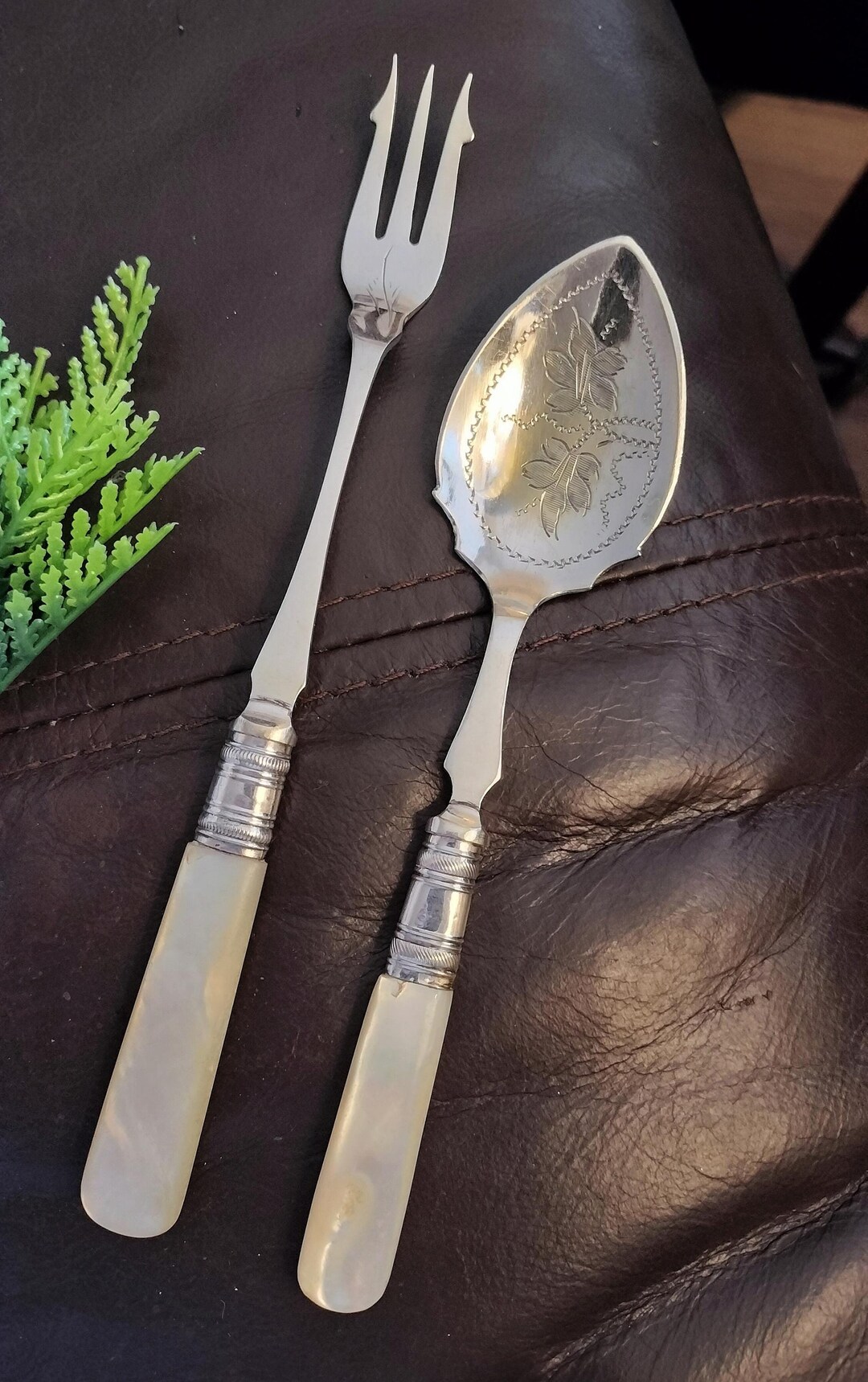Antique Pickle Fork & Serving Spoon, Set of 2 With Mother of Pearl ...
