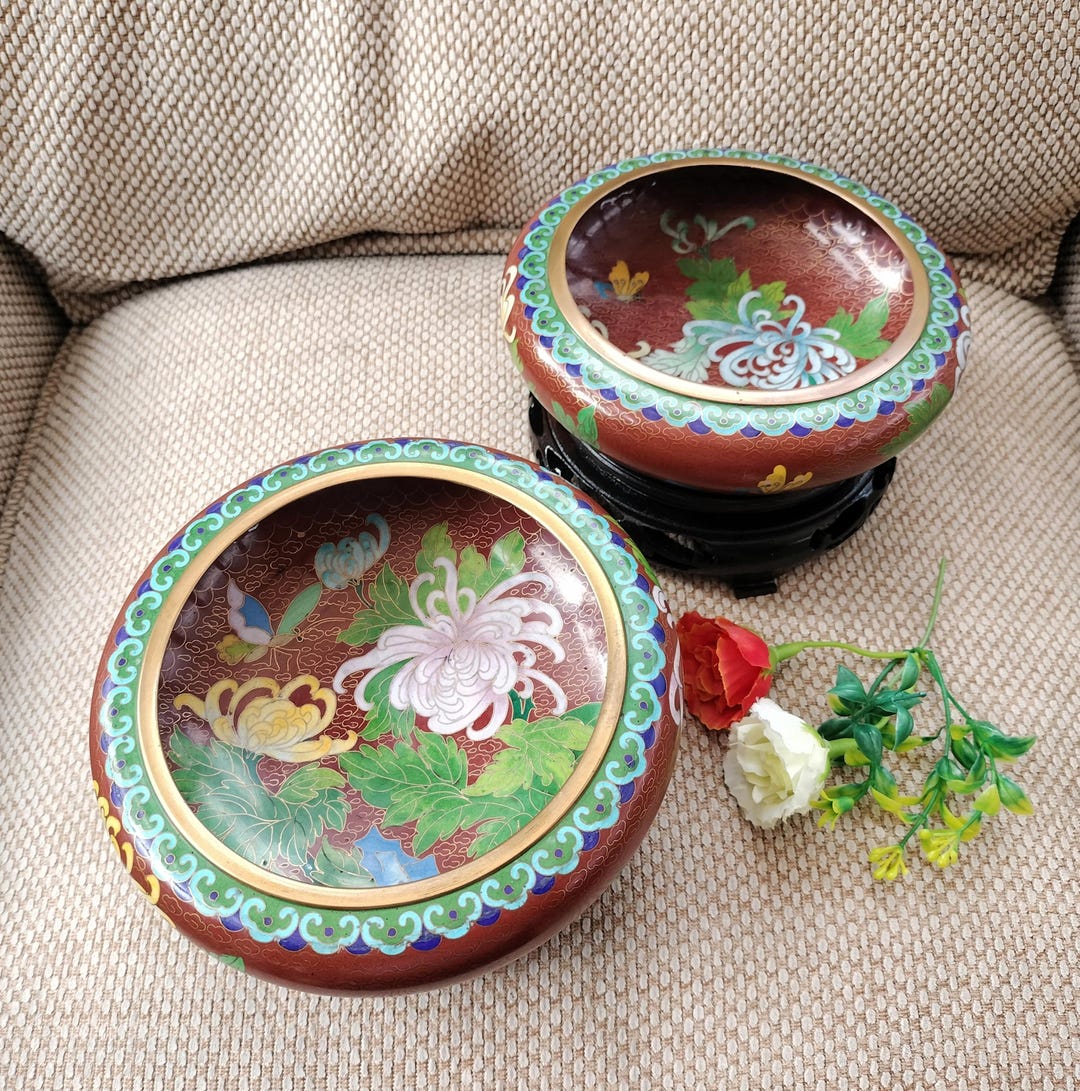 Pair of Cloisonne Tazza Bowls & Stands, Vintage Oriental Decor, Brick ...