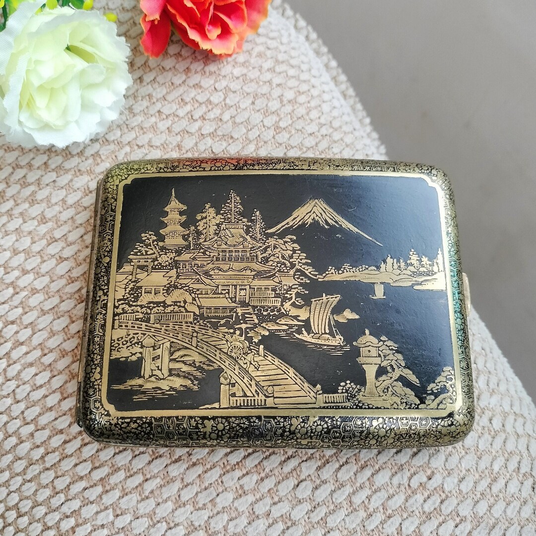 Japanese Cigarette Case, Damascene Lid With Mount Fuji, Vintage ...