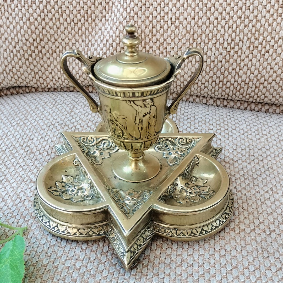Antique Brass Inkwell, Blue Glass Liner Inside, Ornate Classical ...