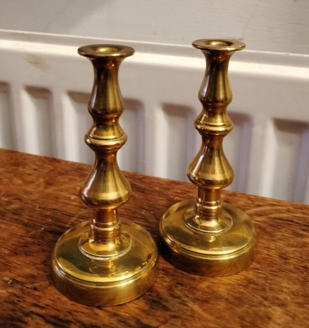 4 Brass Candlesticks, Matching Vintage Pair to Hold Very Small Candles ...