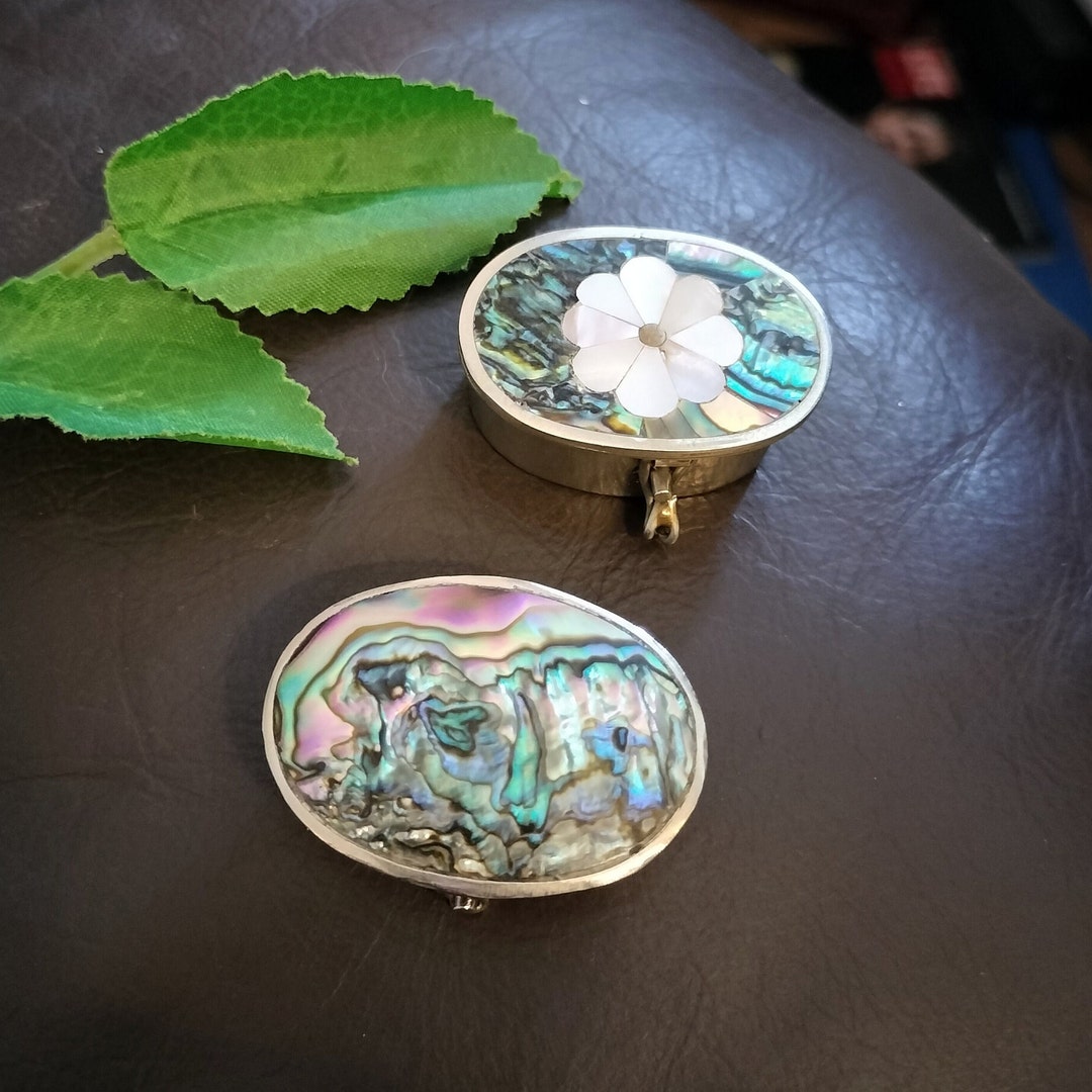Abalone Lid Pill Box, White Flower Design Still Available, Made in ...