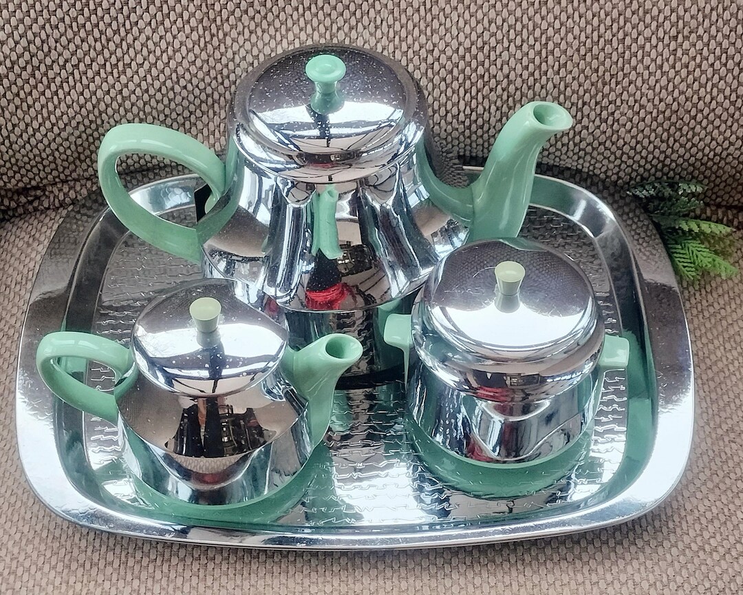 1950s Heatmaster Set, Green Teapot, Creamer, Sugar Bowl With Chrome ...