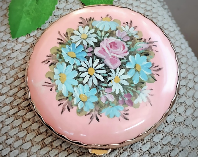 1950s Compact, Pastel Pink With Hand Painted Flowers, Engine Turned ...