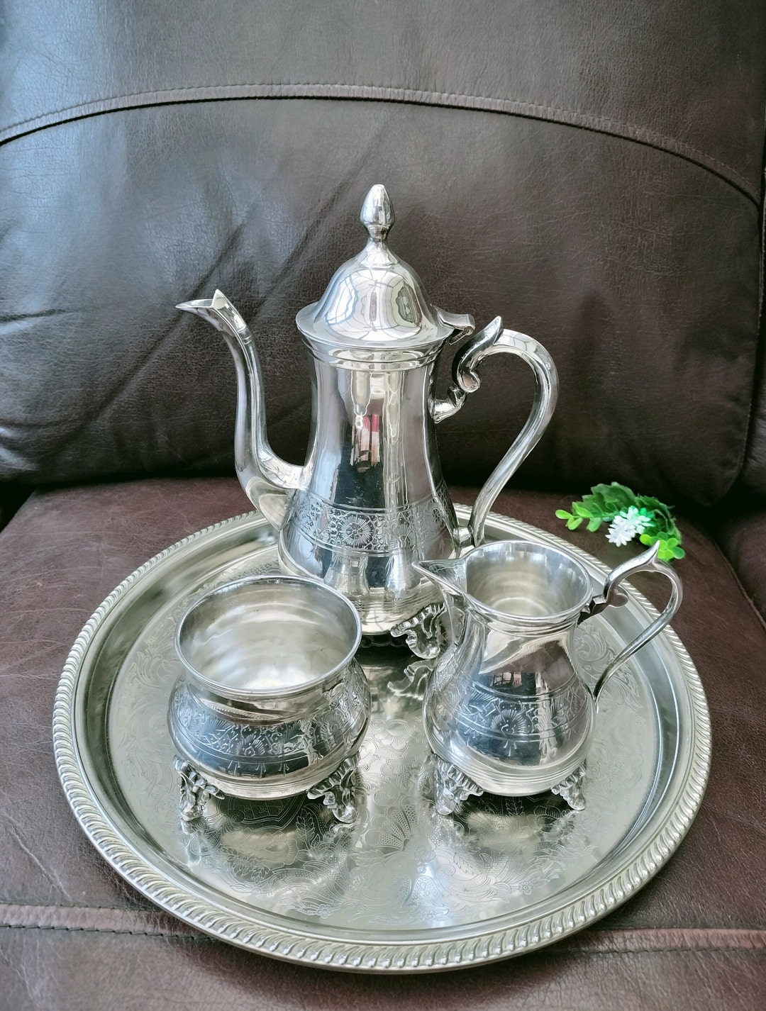 Etched Coffee Set With Ornate Pot, Matching Milk Jug & Sugar Bowl, Hong ...
