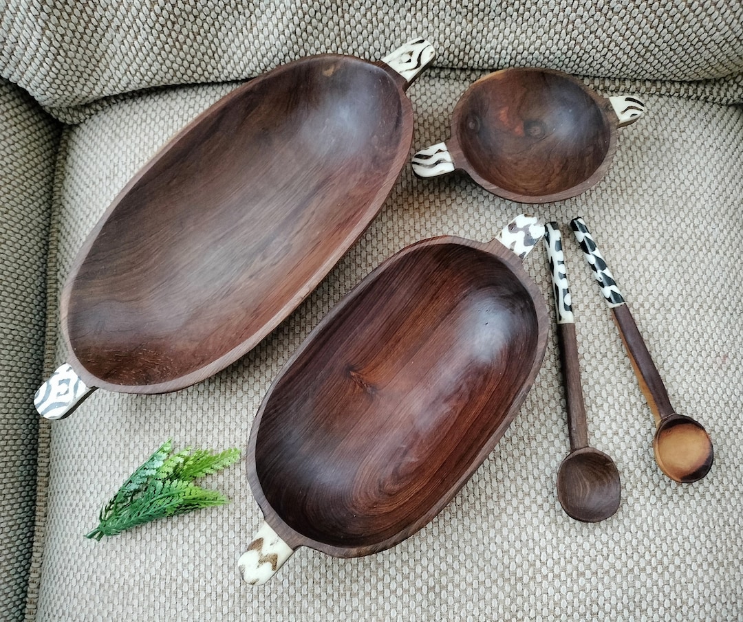African Serving Set, 3 Dishes & 2 Spoons, Carved Wood With Bone Batik ...