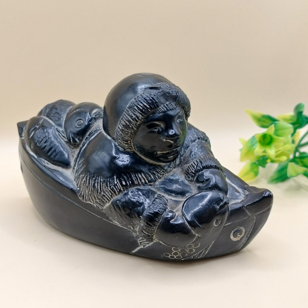 Inuit Fishing From Canoe, Stone Effect Figurine, Hand Made in Canada by ...