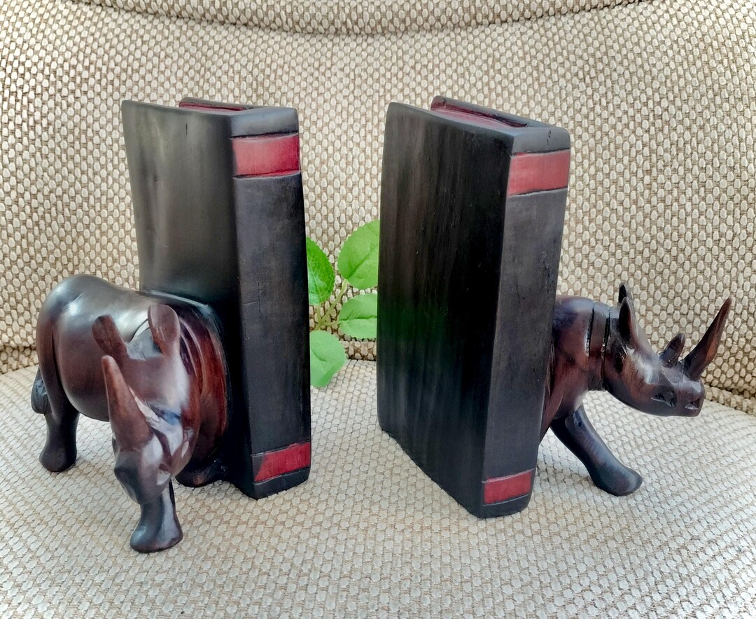 Rhino Bookends, Beautifully Hand Carved Pair With Red Edge Accent ...