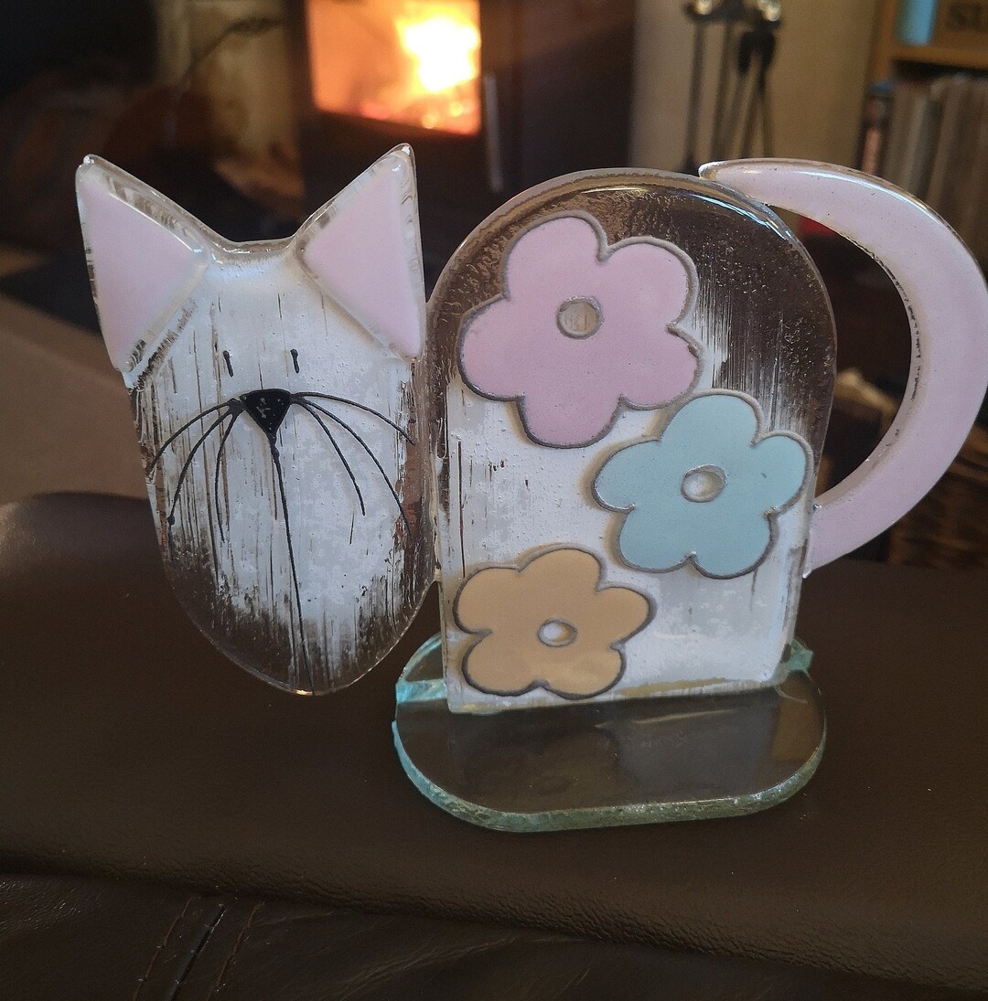 Fused Glass Cat, Cute Freestanding Ornament With Flowers, Pink Ears and ...