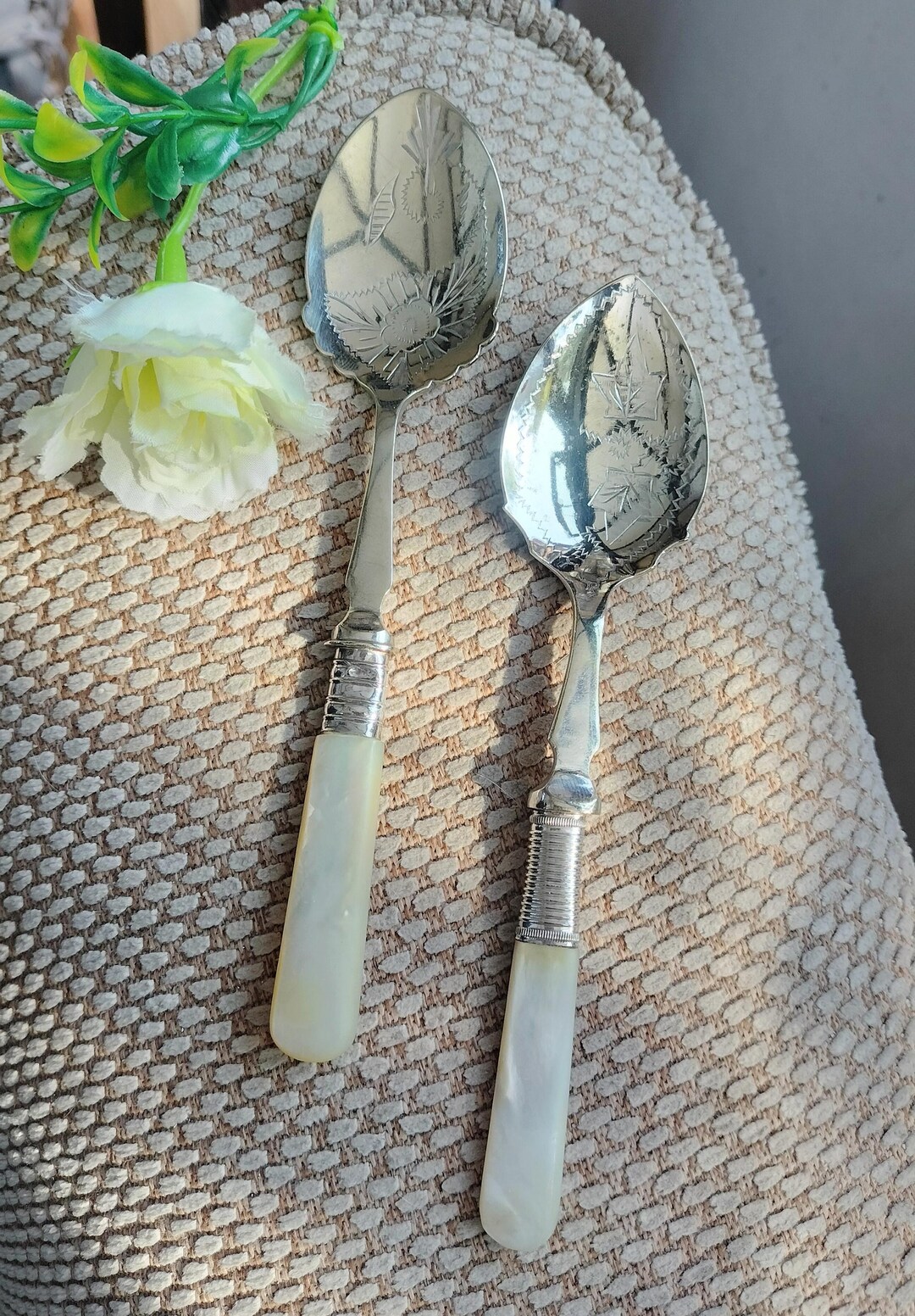 2 Antique Jam Spoons, Etched Floral Patterns With Mother of Pearl ...