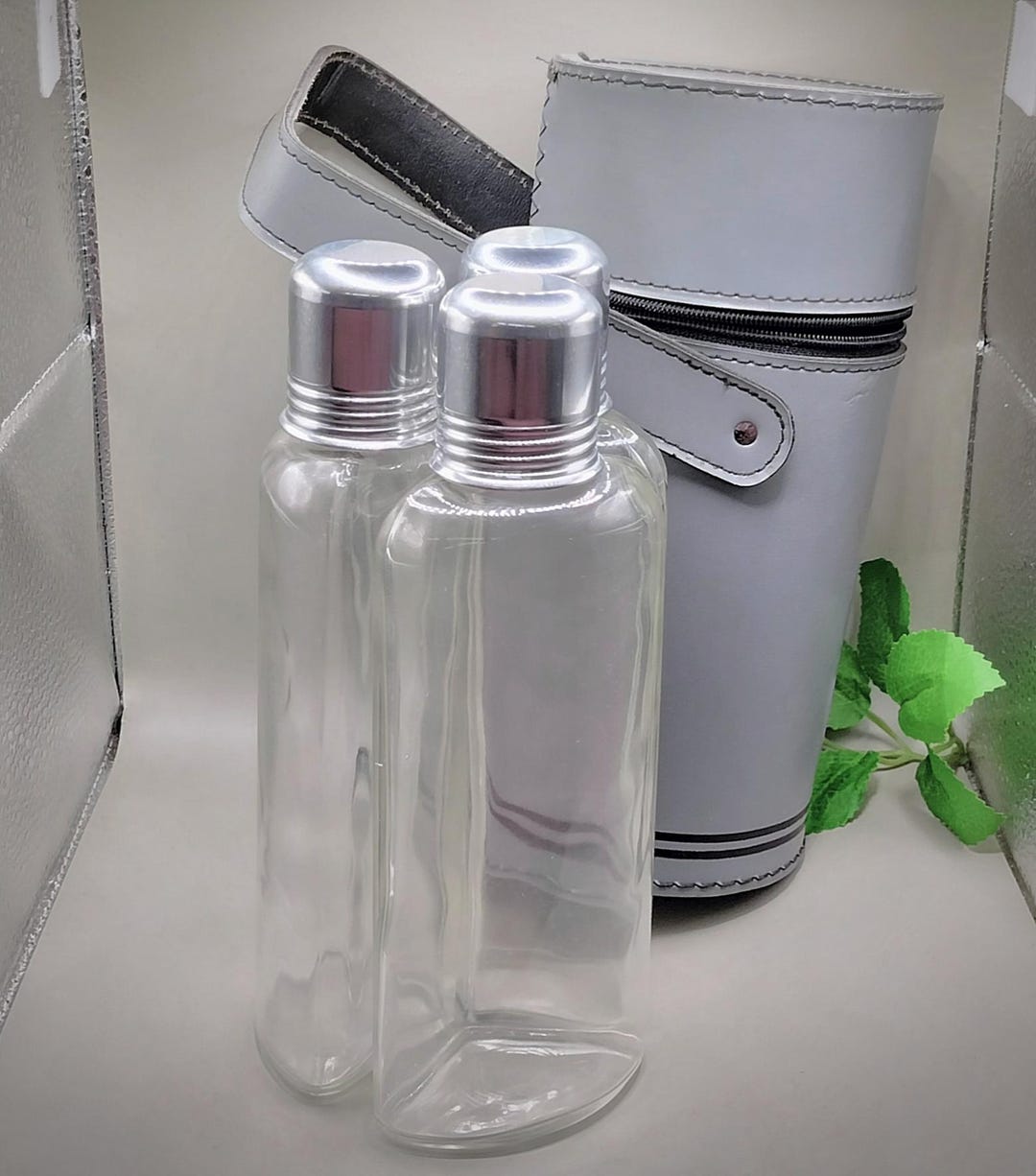 Triple Flask Set, Glass Decanters in Grey Leather Case, Day at the ...
